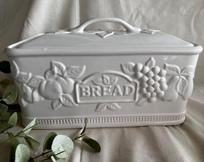 White Ceramic Bread Box Made in Portugal } Berries and Fruit Motif ...