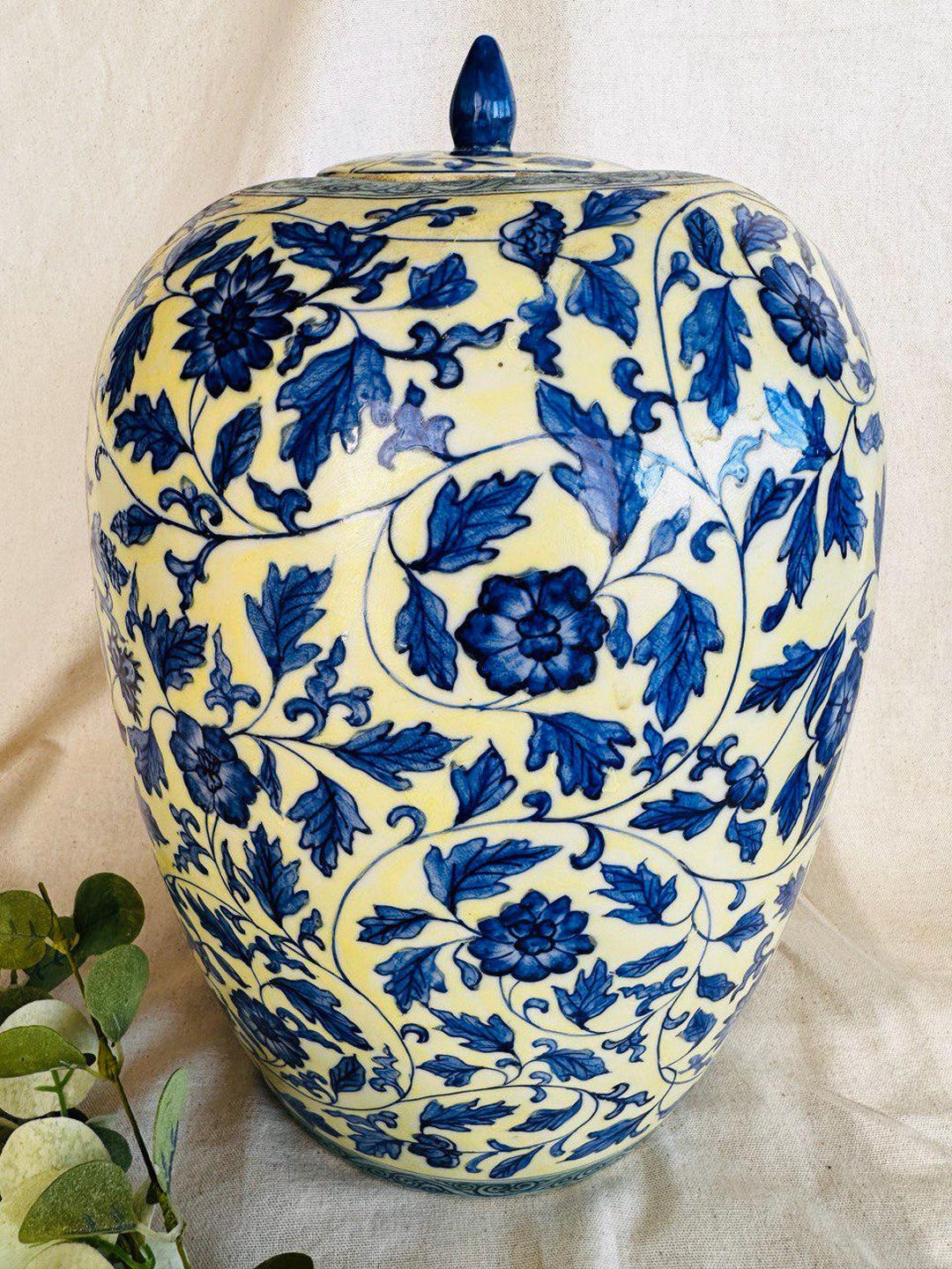 Tall Ginger Jar Chinese Yellow Blue Floral Ginger Jar With Lid Vintage ...