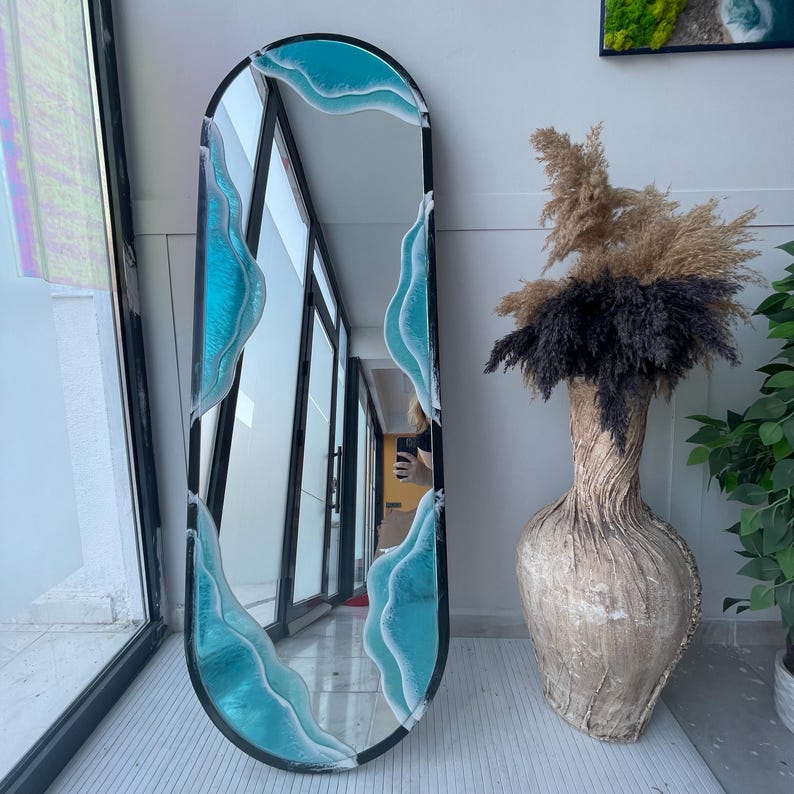 Blue Ocean Waves Mirror Wall Hanging for Living Room and Entryway Resin ...