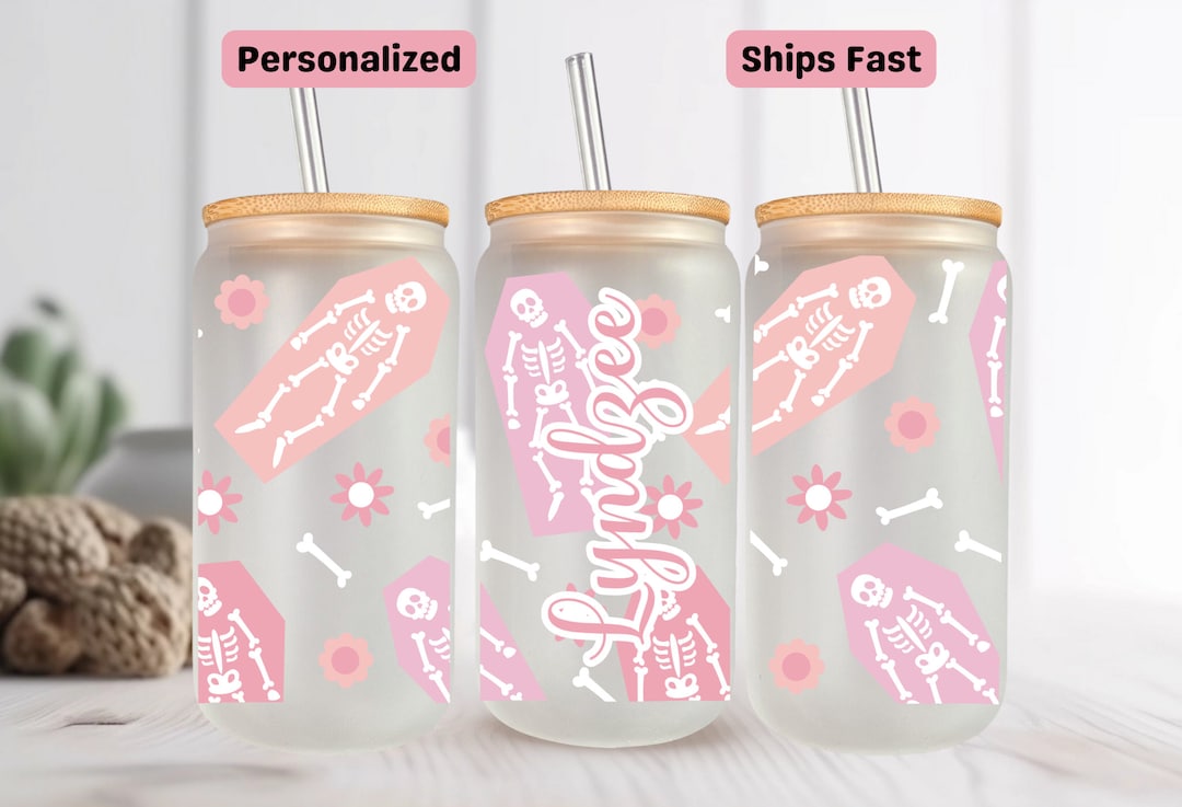 Personalized Skeleton Iced Coffee Cup, Halloween Glass Coffee Tumbler ...