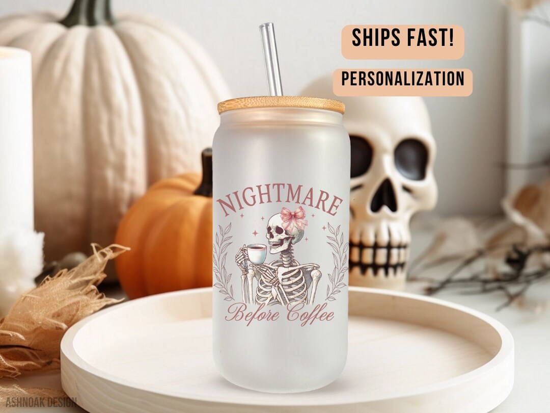 Halloween Glass Cup, Skeleton Tumbler, Spooky Season Iced Coffee ...