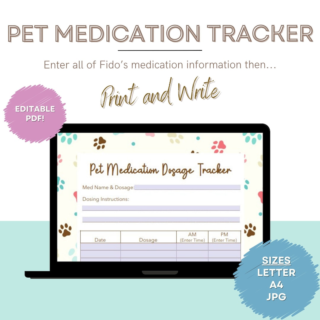 Pet Medication Tracker Digital Printable Dosage Tracker Pet Med Log ...