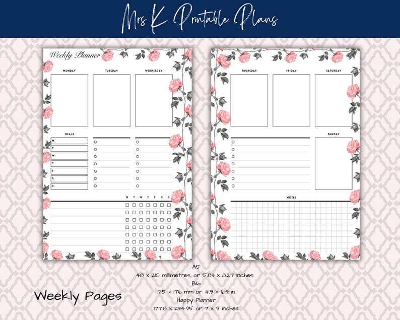 Printable Pink Roses A5 Planner Inserts, Covers, Daily, Weekly, Monthly ...