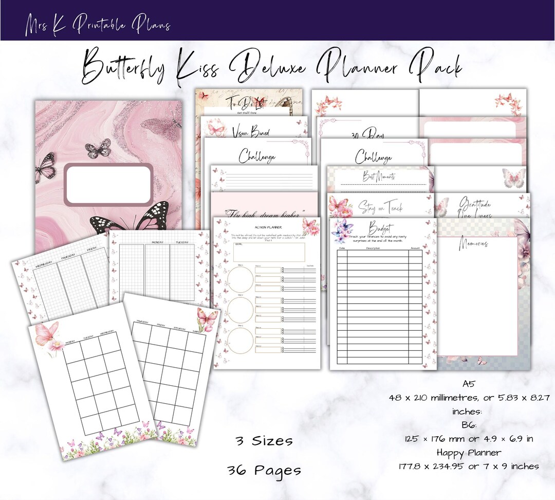 Printable Butterfly Kiss B6 Planner Inserts, Monthly Planner (digital ...