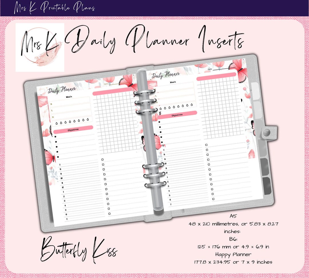 Printable Daily Page Planner Insert, Butterfly Kiss, 3 Sizes, A5, B6 ...