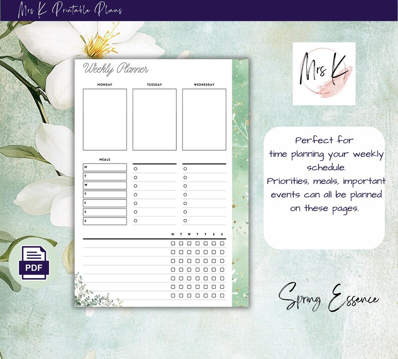 Printable Weekly Planner Pages, Spring Essence Design, Week on Two ...