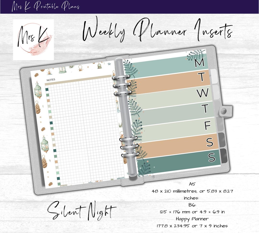Printable Silent Night A5 Weekly Planner Inserts, Christmas Theme. (PDF ...
