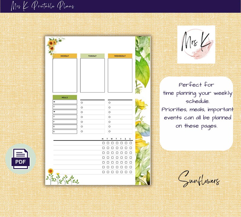 Printable Pages, Sunflower Design Week on Two Pages Planner Sheets ...