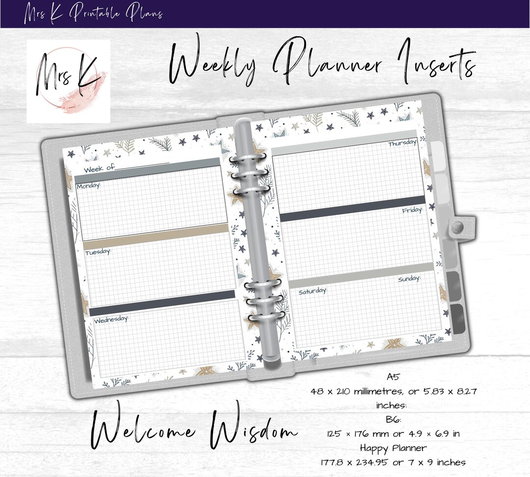 Printable B6 Planner Inserts, Horizontal Weekly Layout, Welcome Wisdom ...
