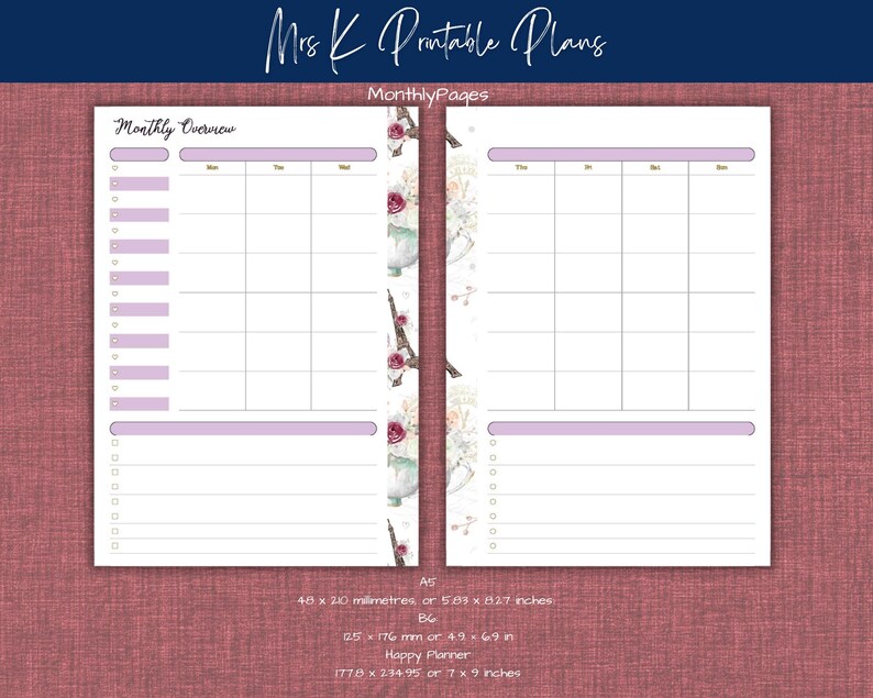 Printable Paris Romance Planner Pages, Classic Happy Planner Size ...