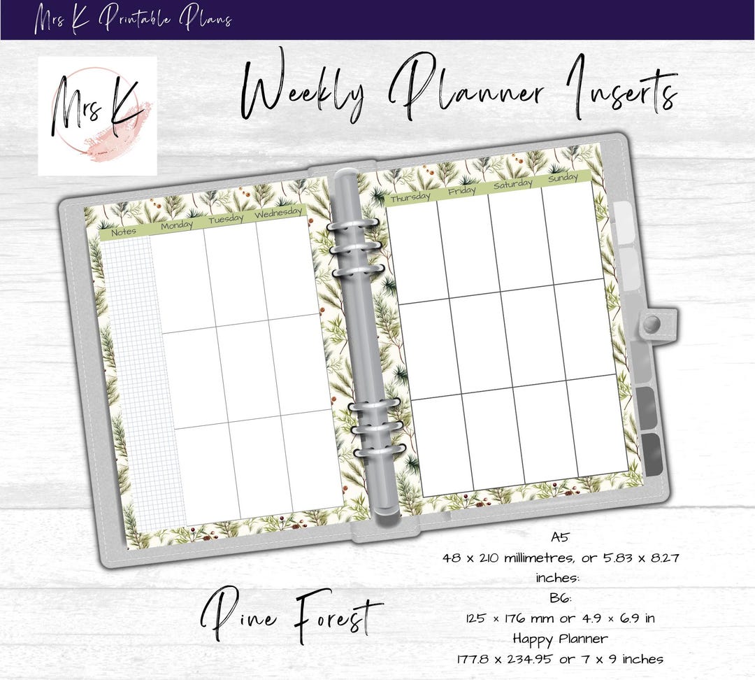 Printable Pine Forest B6 Weekly Planner Inserts, Vertical Layout (PDF ...