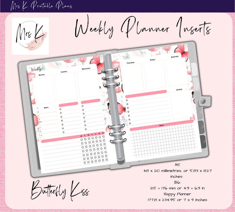 Printable Weekly Planner Inserts, Butterfly Kiss Design, Week on Two ...