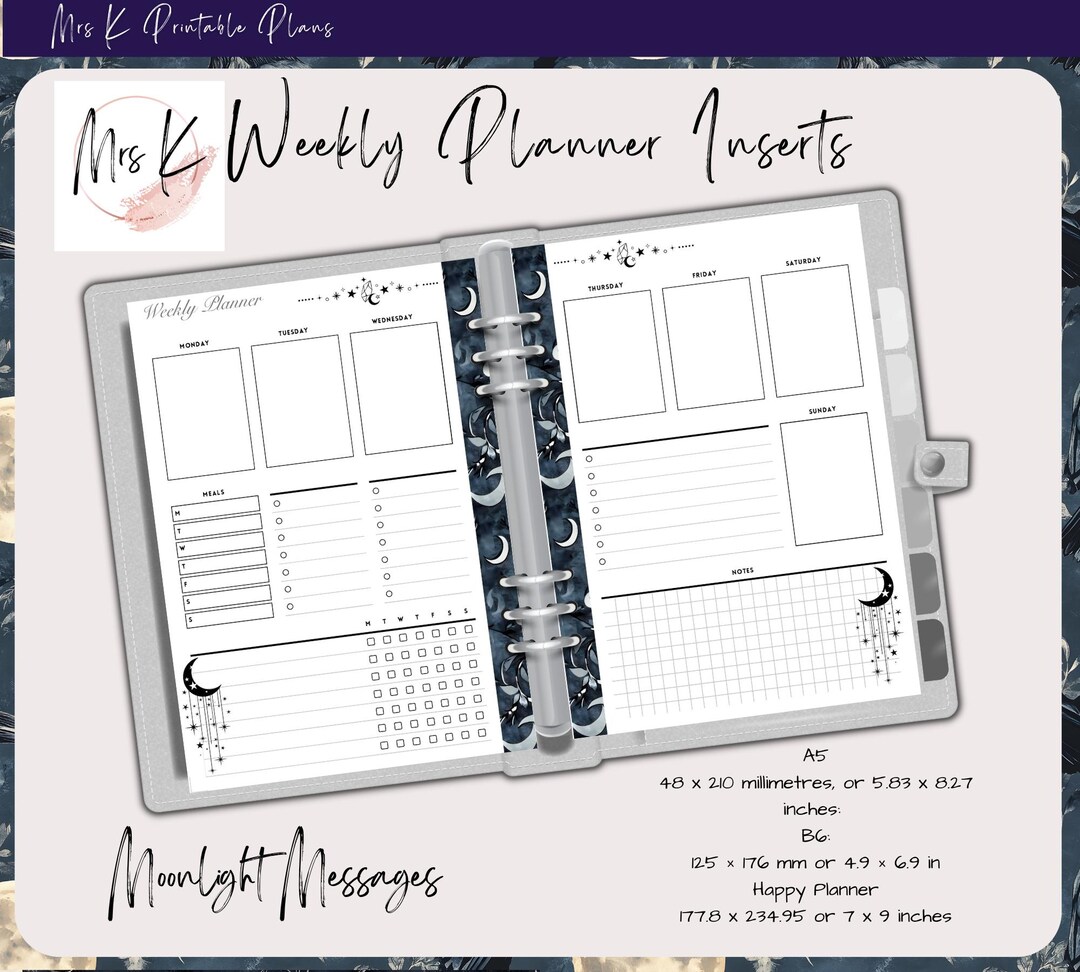 Week on Two Pages Printable Planner Inserts, Moonlight Messages Design ...