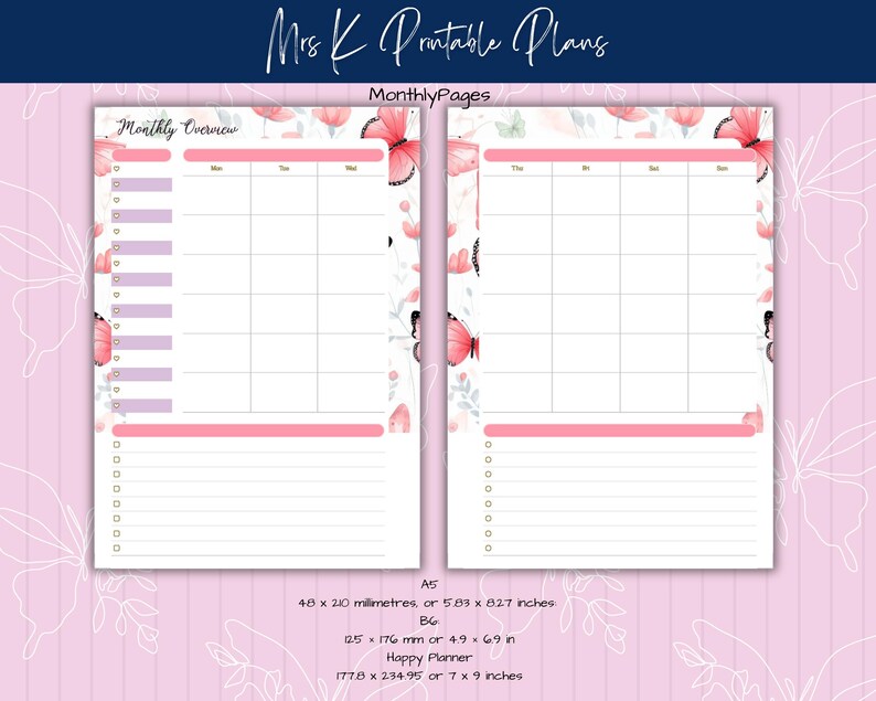 Printable Butterfly Kiss A5 Planner Pack, Daily, Weekly, Monthly ...