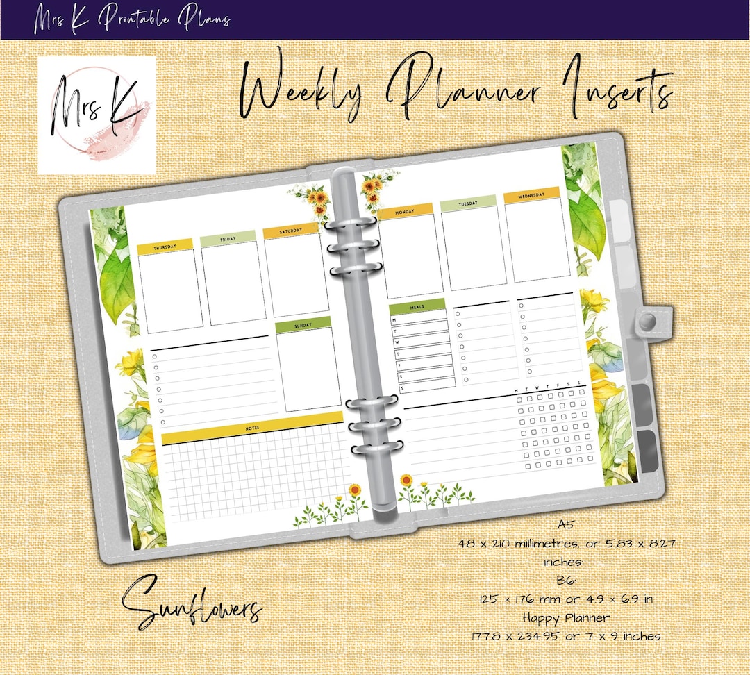 Sunflower Weekly Planner Printable Pages, A5 B6 HP Sizes (digital ...