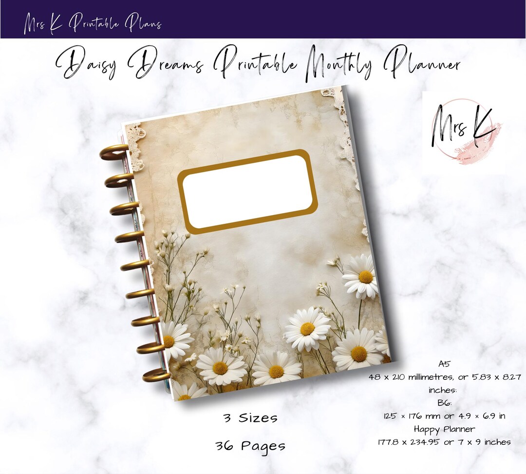 Printable Month Planner, Daisy Dreams, Monthly Planner Journal, Floral ...