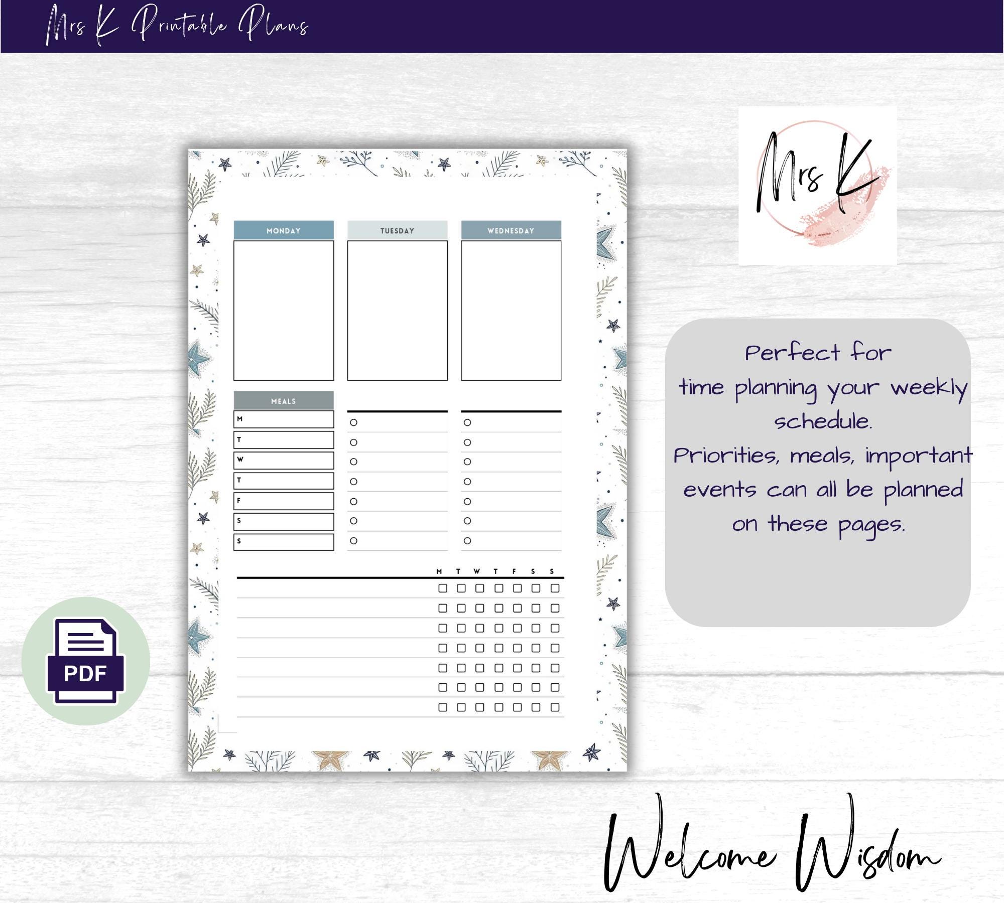 Printable Personal Wide Weekly Planner Inserts, Week on Two Pages ...