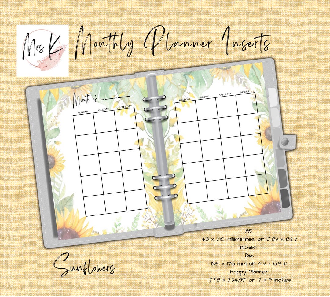Printable Pages - Sunflower Design Monthly Planner - Perfect for A5, B6 ...