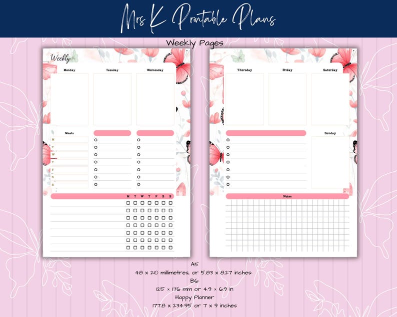 Printable Butterfly Kiss A5 Planner Pack, Daily, Weekly, Monthly ...