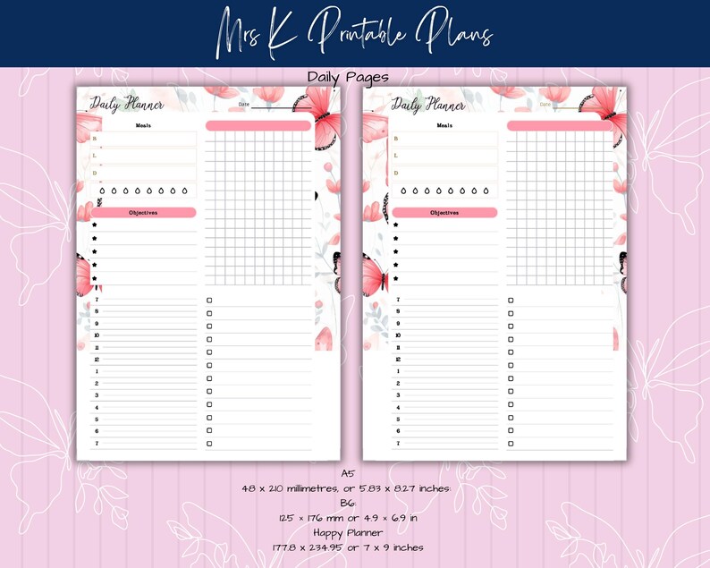 B6 Butterfly Kiss Printable Planner Pages, Monthly Weekly Daily Inserts ...