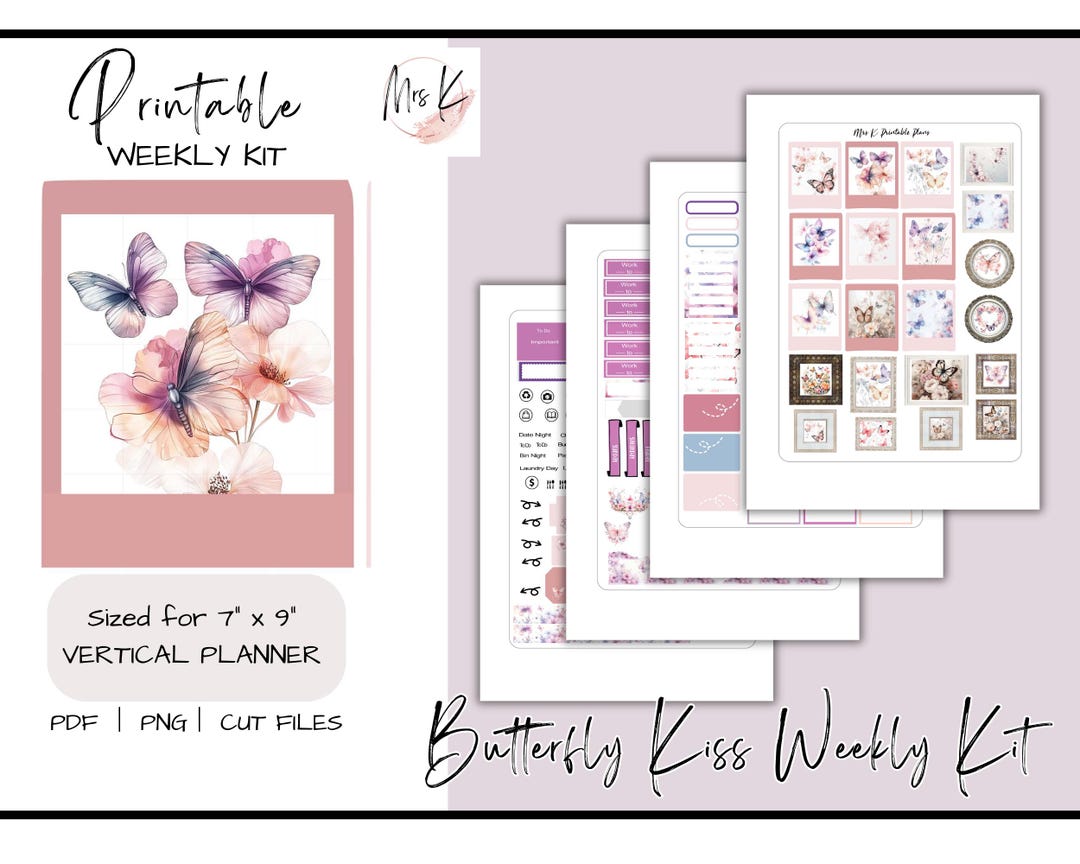 Printable Weekly Sticker Kit, Butterfly Kiss, Standard Vertical Planner ...