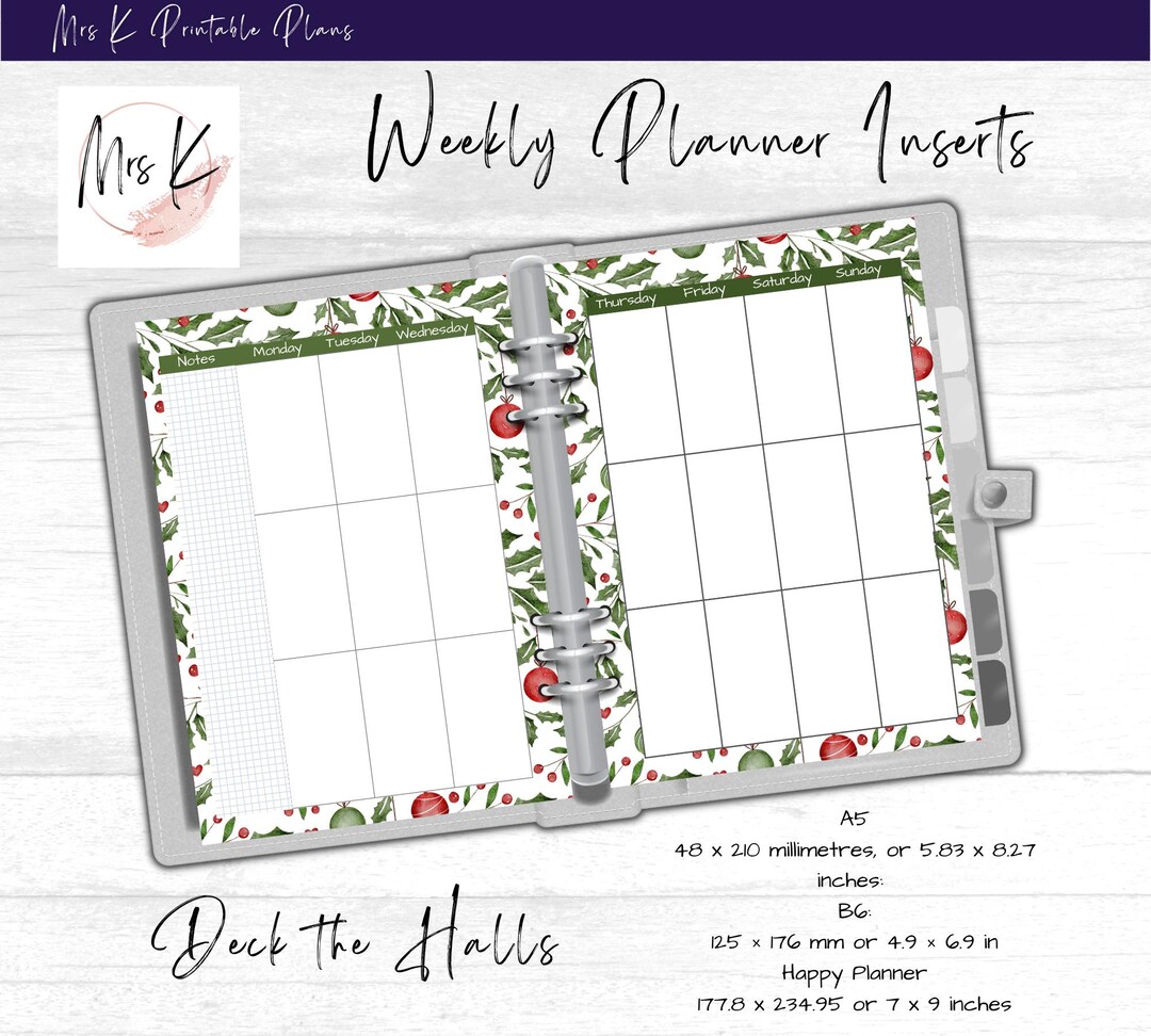 Printable B6 Weekly Planner Inserts, Vertical Layout, Christmas Theme ...