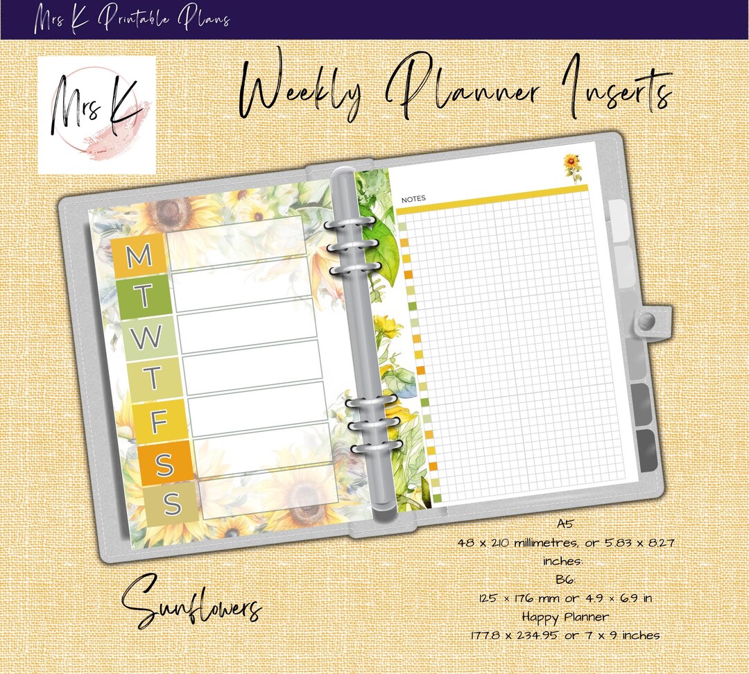 Sunflower Weekly Planner Inserts – A5/b6/happy Planner (printable Pages ...
