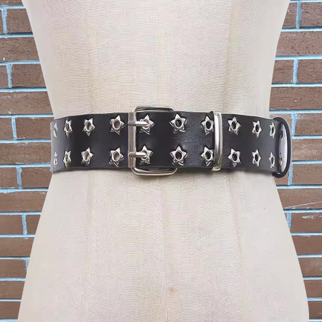 Double Row Star Grommet Belt Black Leather Belt With Silver - Etsy