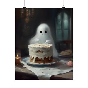 Ghost Eating Cake, Cute Little Ghost Art Print, Gothic Kitchen Decor ...