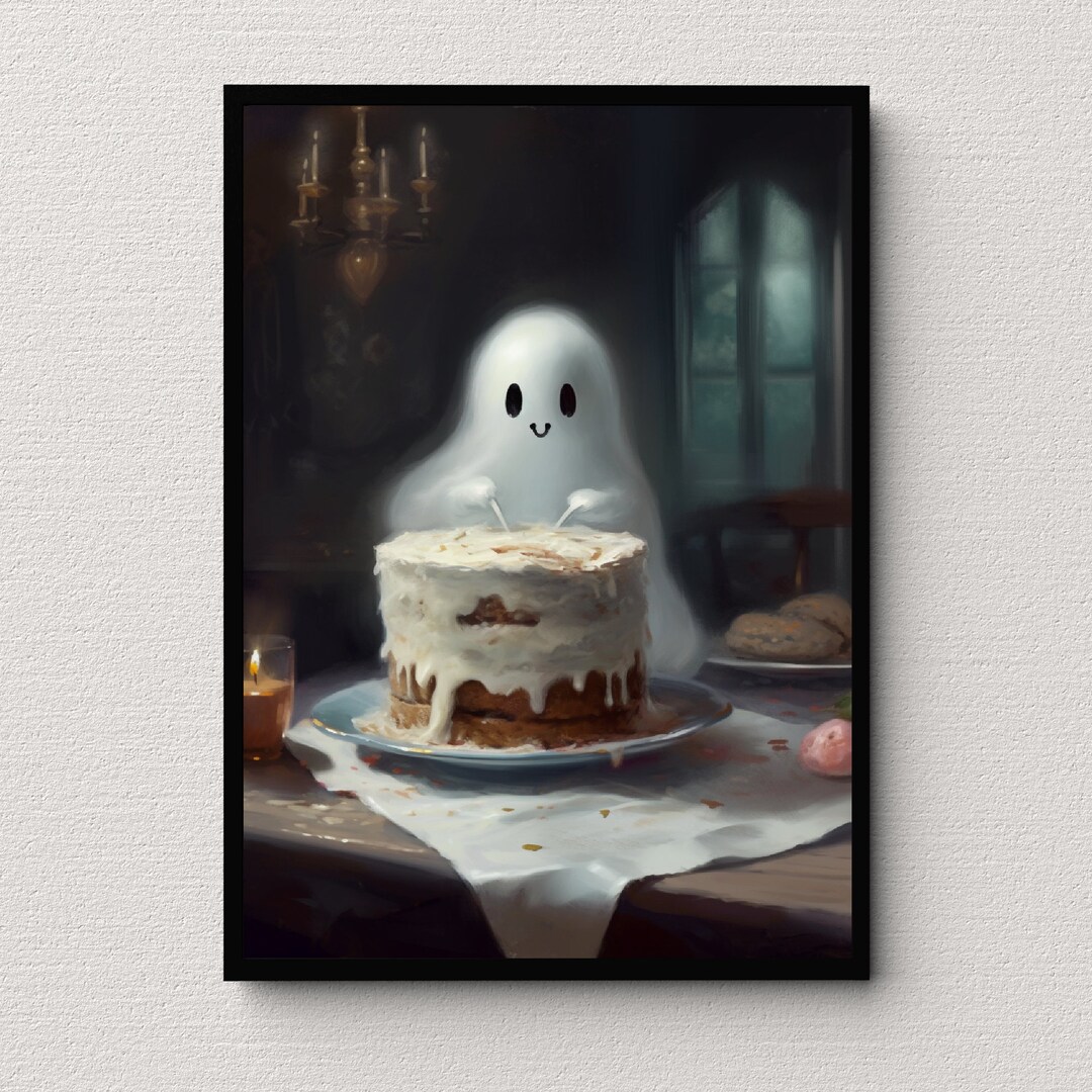Ghost Eating Cake, Cute Little Ghost Art Print, Gothic Kitchen Decor ...