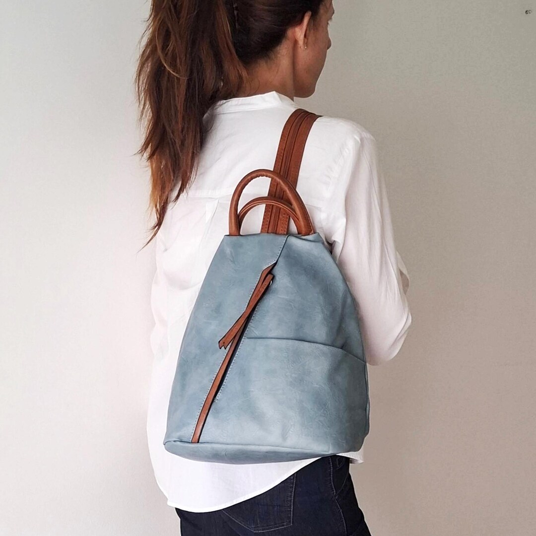 Light Blue and Tan Leather Backpack: Travel Safe Backpacks With Hidden ...