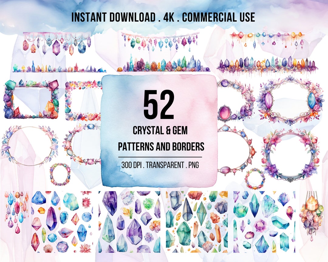 Crystal and Gemstone Borders, Garlands and Patterns PNG, Digital ...