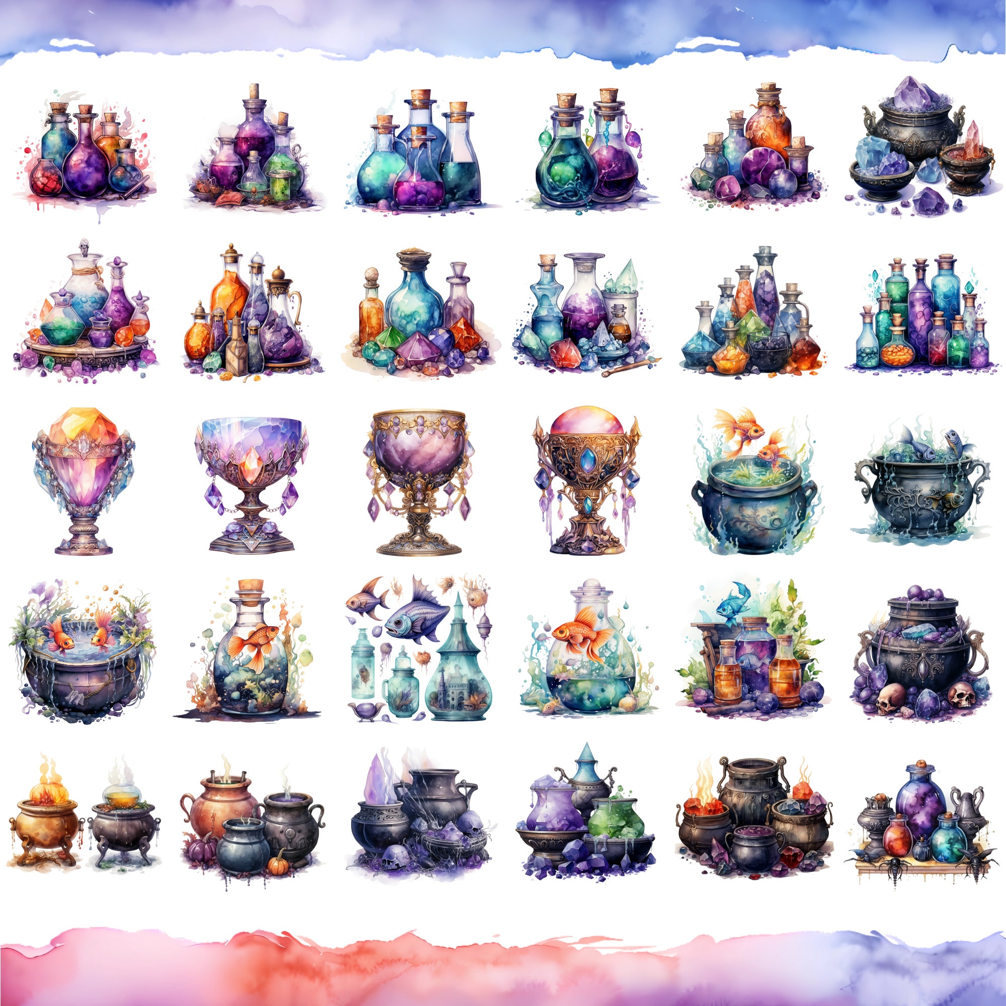 42 Potions & Cauldrons Watercolour Clipart PNG Illustration Bundle Set ...