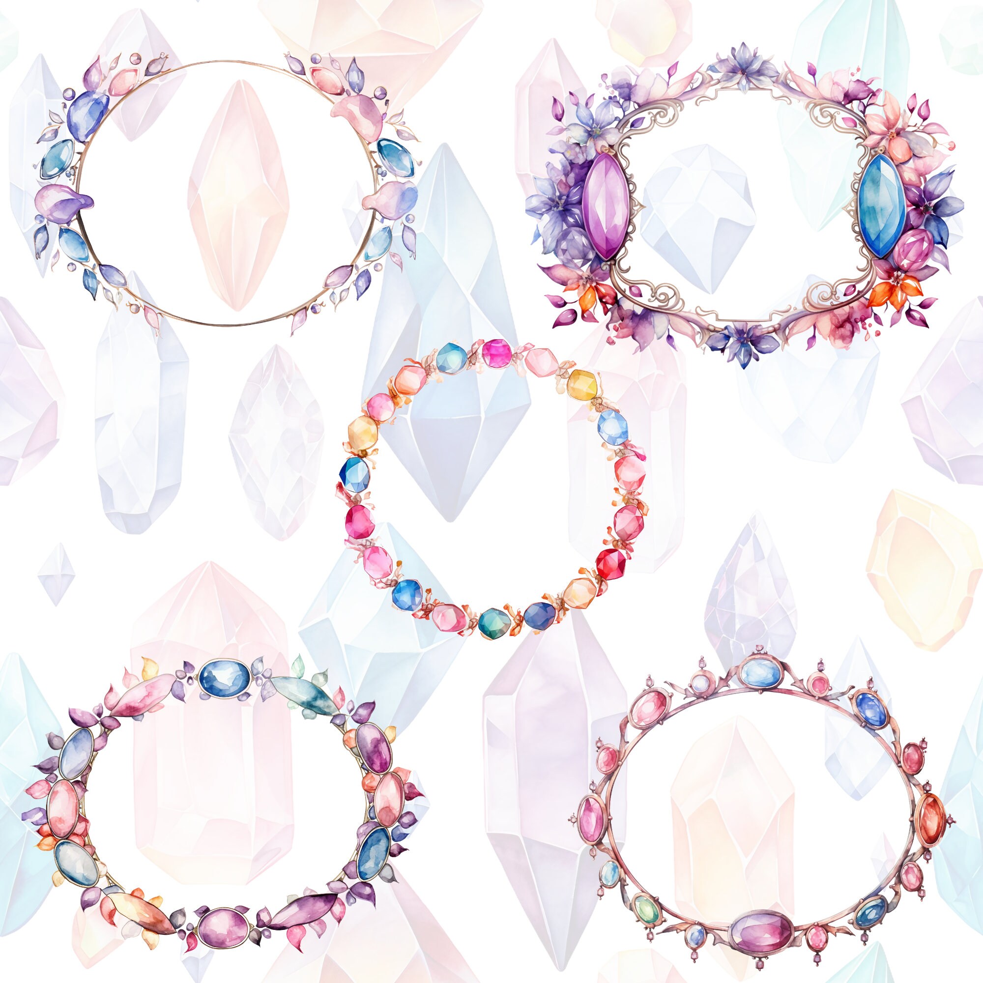 Crystal and Gemstone Borders, Garlands and Patterns PNG, Digital ...