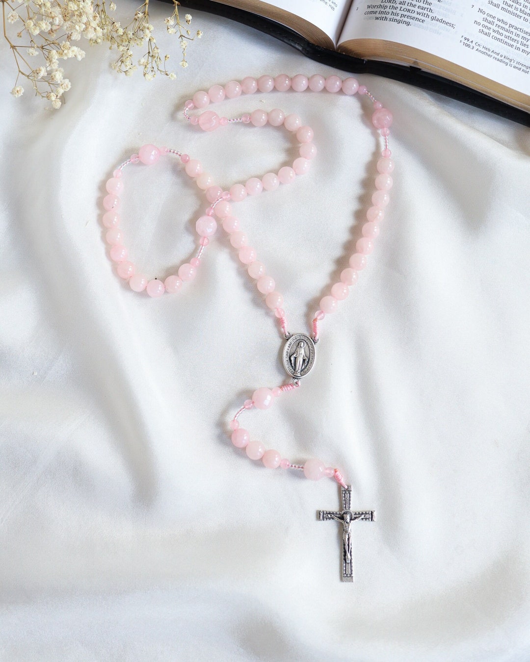 Rose Quartz Rosary Handmade Catholic Gift for Her Miraculous Medal ...