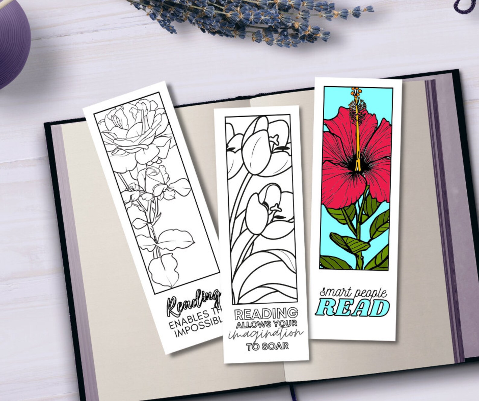 Reading Floral Coloring Printable Bookmark Series Download - Etsy