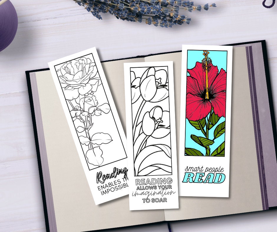 Reading Floral Coloring Printable Bookmark Series Download - Etsy