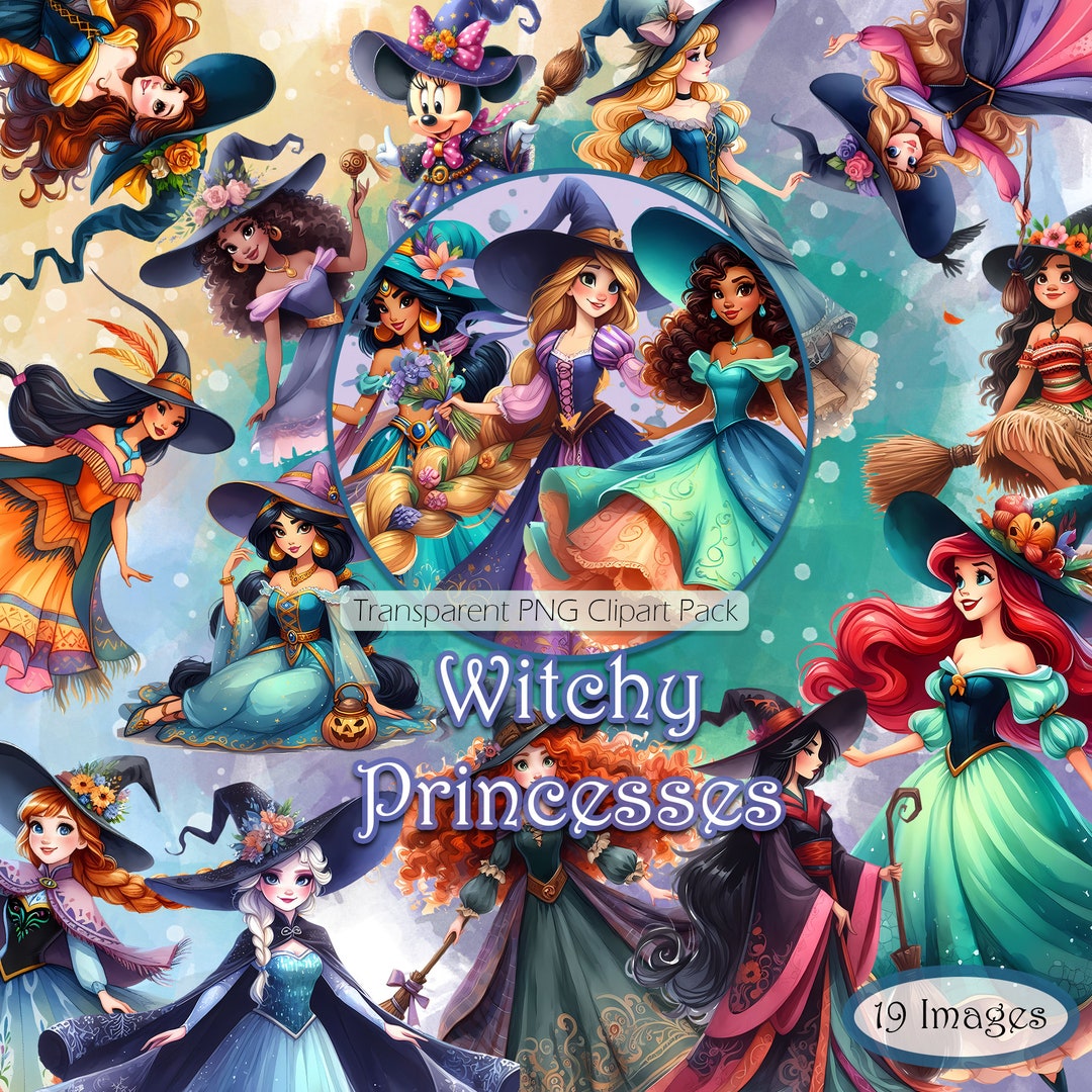 Witchy Princesses Clipart Set, Transparent Background PNG Images, Commercial Use, Cartoon ...