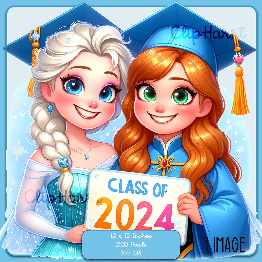 Anna and Elsa Graduation 2024 Clipart Image With Watercolor Splash ...
