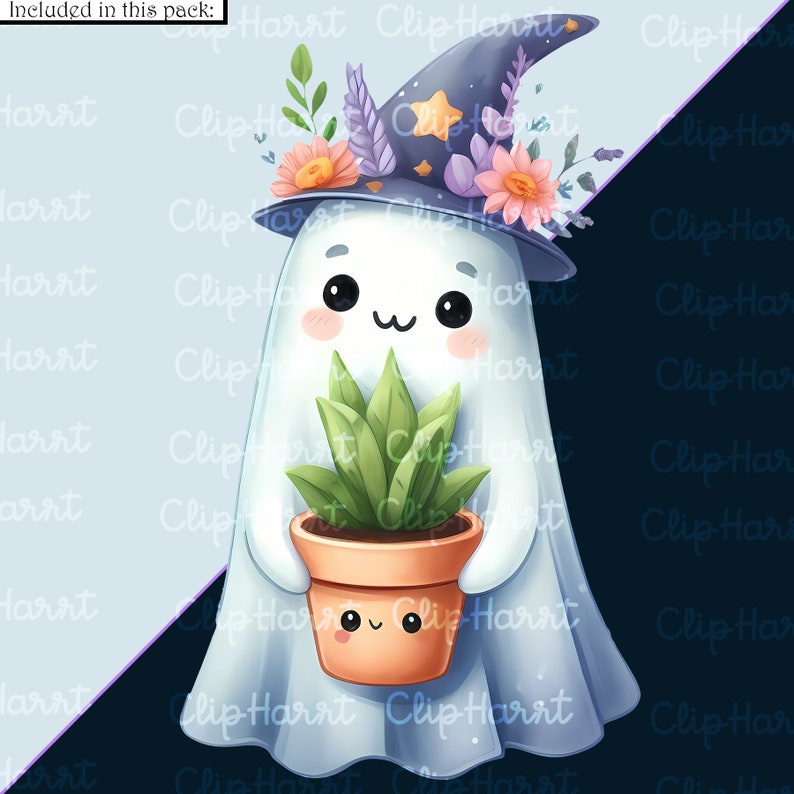 Cute Little Ghosts and Plants Clipart Set, PNG Images, Commercial Use ...