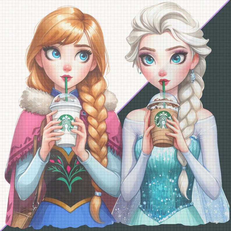 Anna and Elsa Coffee Break Clipart Image With Transparent Background, Commercial Files, Frozen ...
