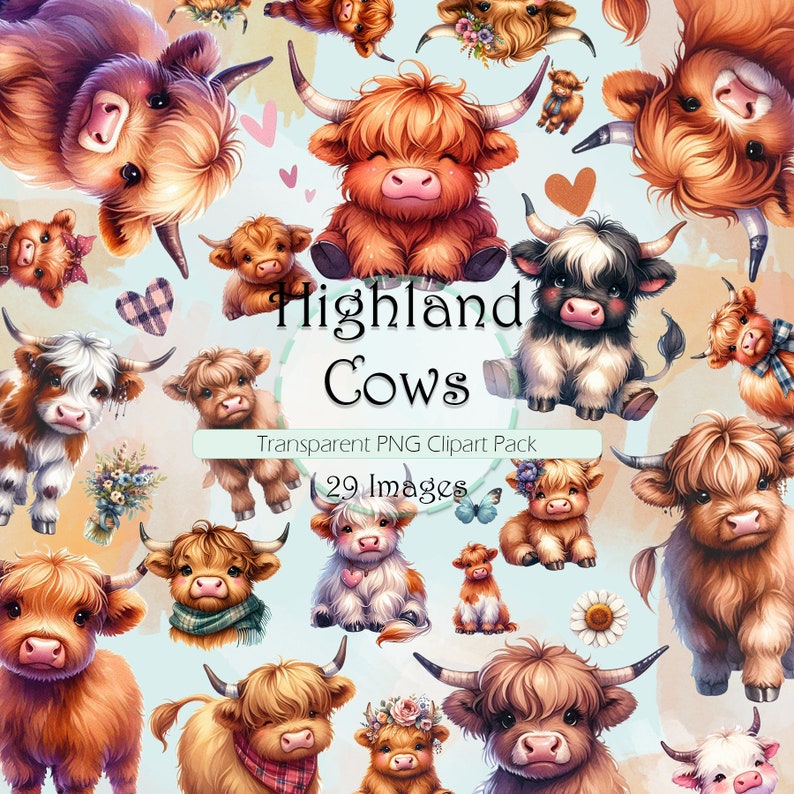 Cute Highland Cows Clipart Set, Clipart Elements, Commercial Use ...