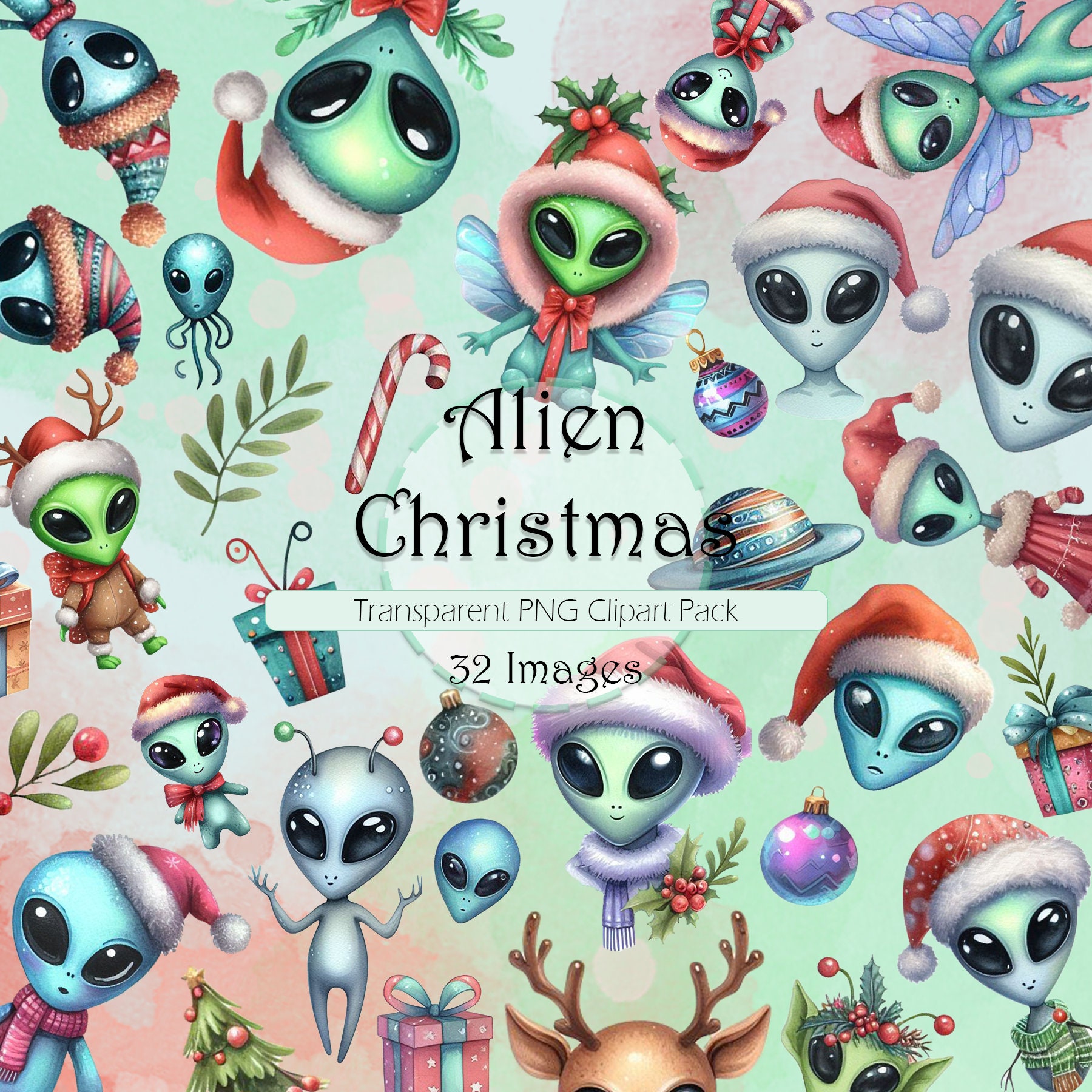 Christmas Aliens Clipart Set, Clipart Elements, Commercial Use, Digital ...