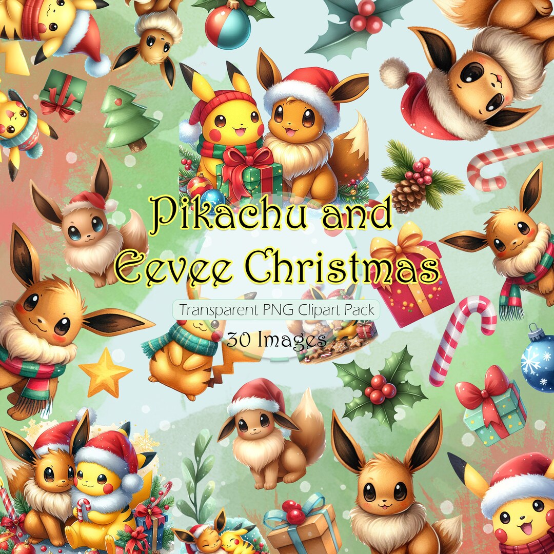 Pikachu and Eevee Christmas Clipart Set, Transparent PNG Images ...