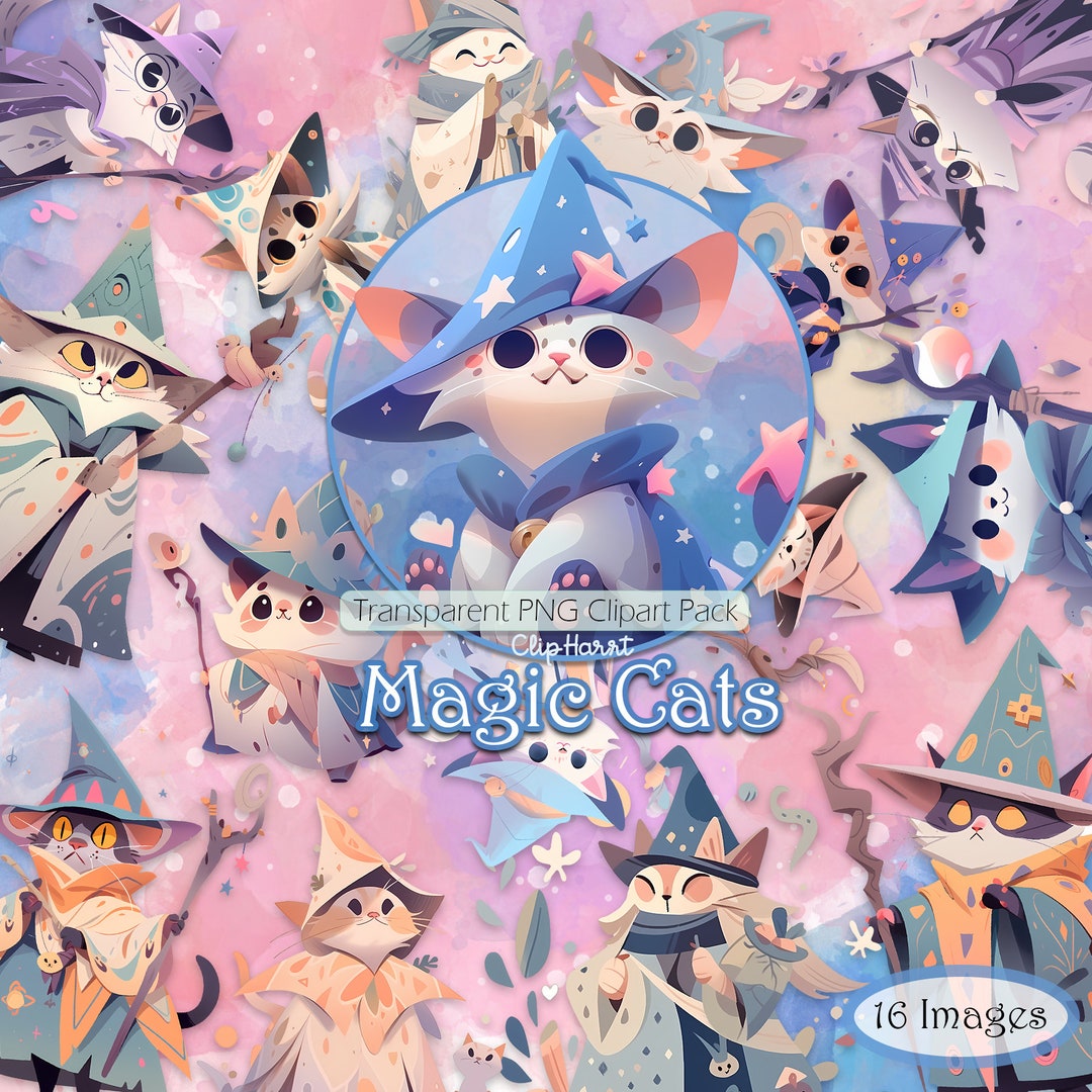 Magical Cats Clipart Set, Transparent Background PNG Images, Commercial ...