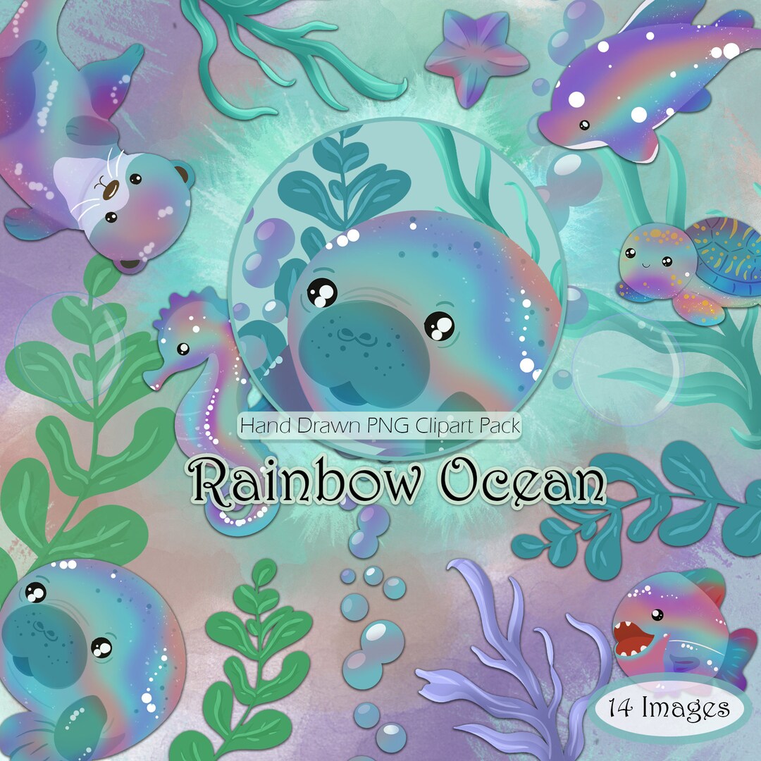 Rainbow Ocean Clipart Set, Transparent PNG Images, Commercial Use, Hand ...