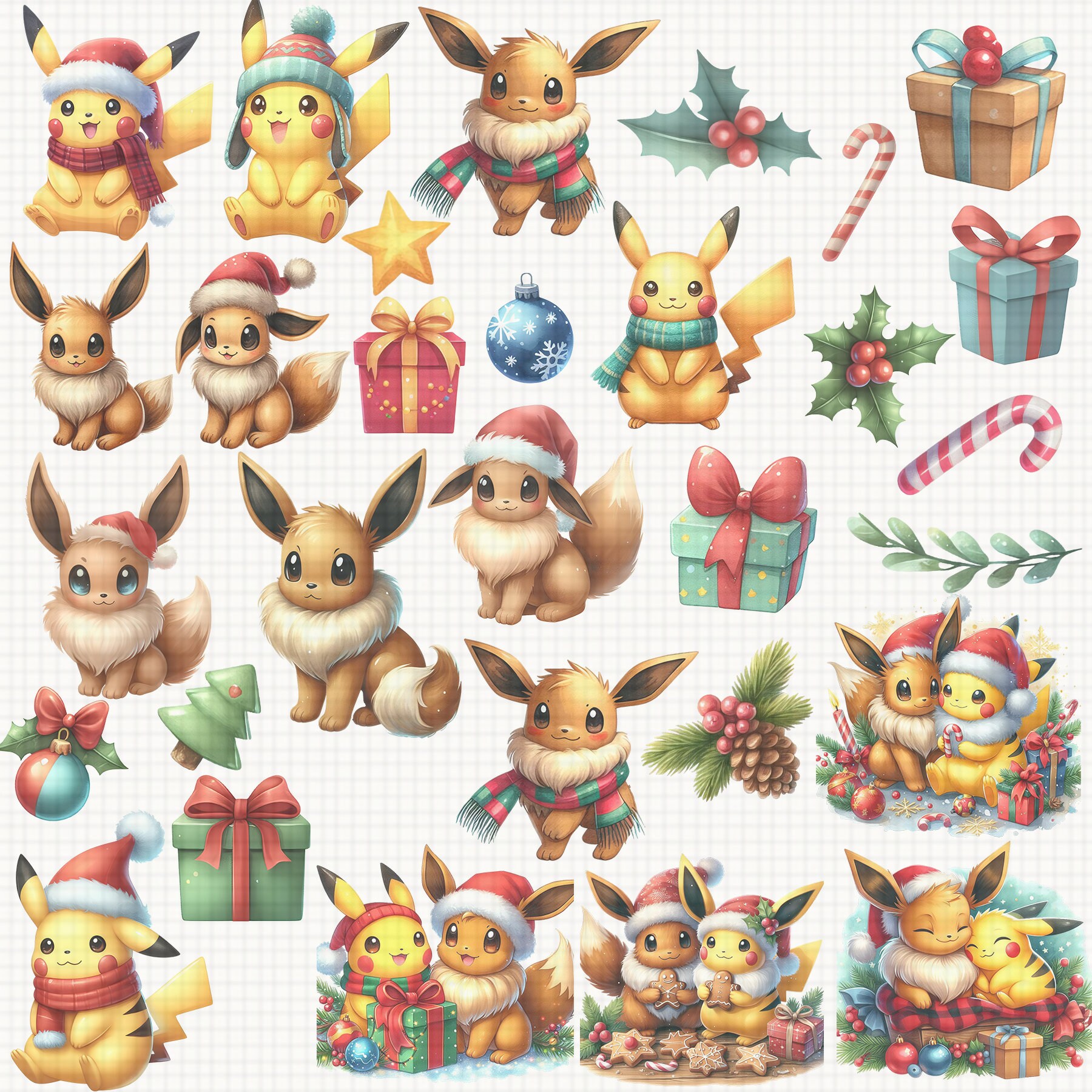 Pikachu and Eevee Christmas Clipart Set, Transparent PNG Images ...