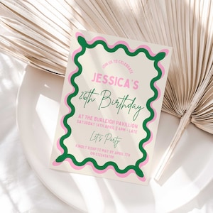 Wavy Border Pink Green Birthday Party Invitation Template Squiggly ...