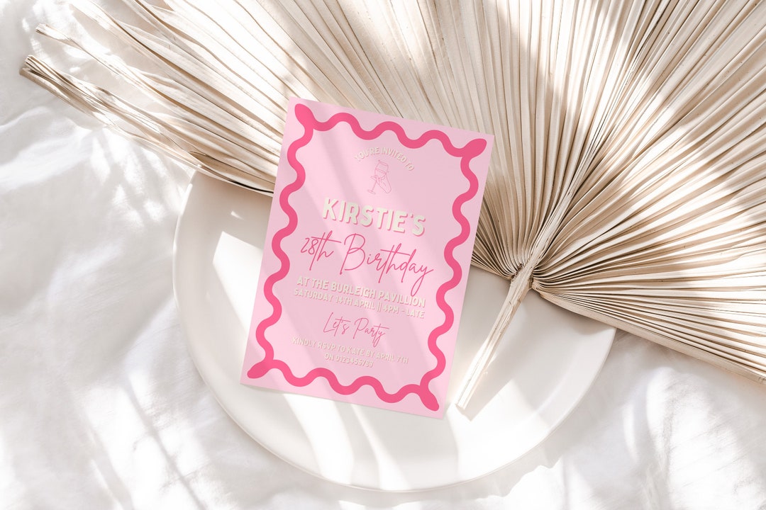 Wavy Border Pink Birthday Party Invitation Template Squiggly Border ...