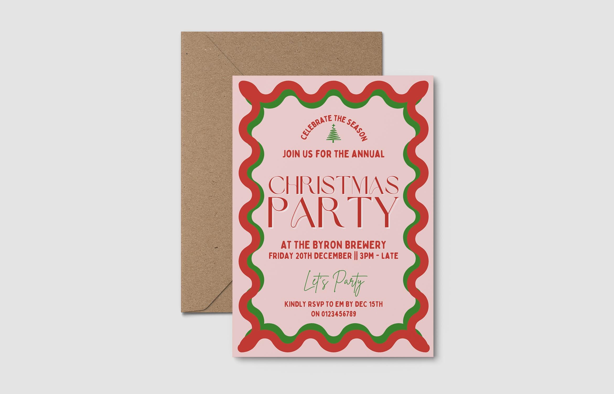 Wavy Border Christmas Party Invitation Red Green Minimalist Christmas ...